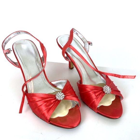 David's Bridal | Shoes | Peep Toe Red Satin High Heels Dress Shoes ...